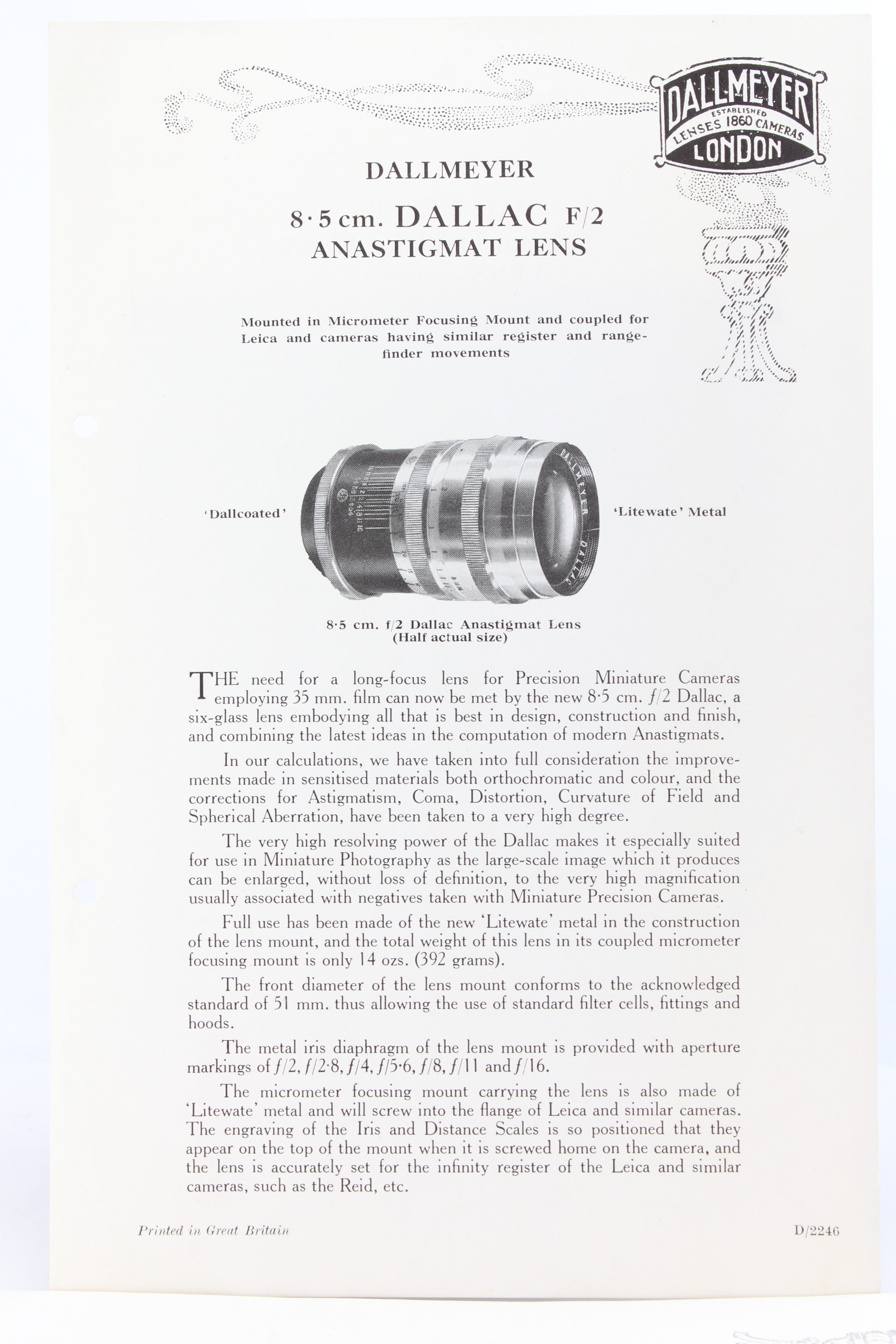 Original DALLMEYER 8.5cm DALLAC lens f/2 Leica Mount Brochure Sales ...
